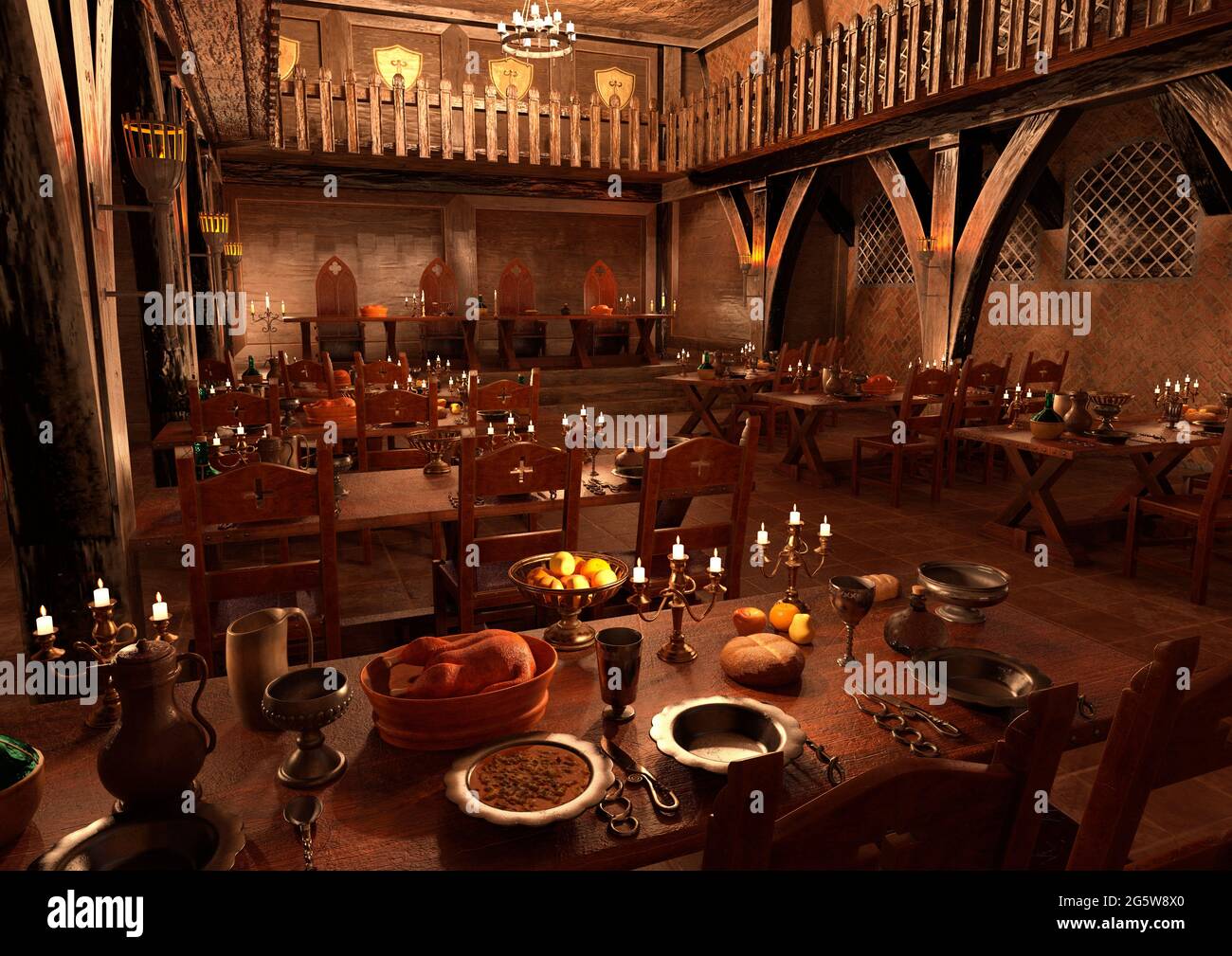 3D rendering of a medieval great hall interior Stock Photo - Alamy