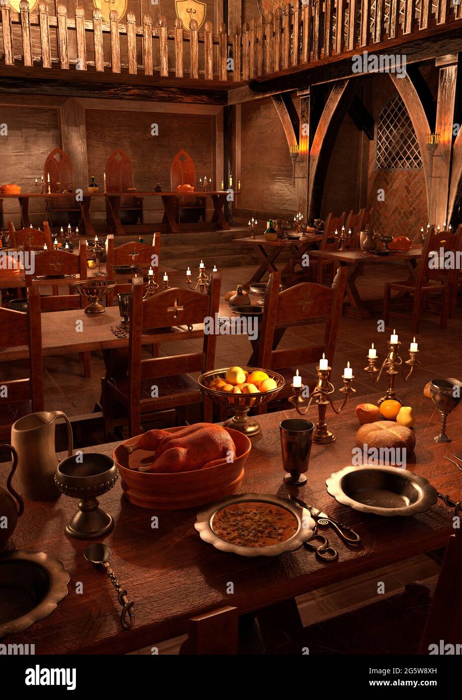 3D rendering of a medieval great hall interior Stock Photo - Alamy