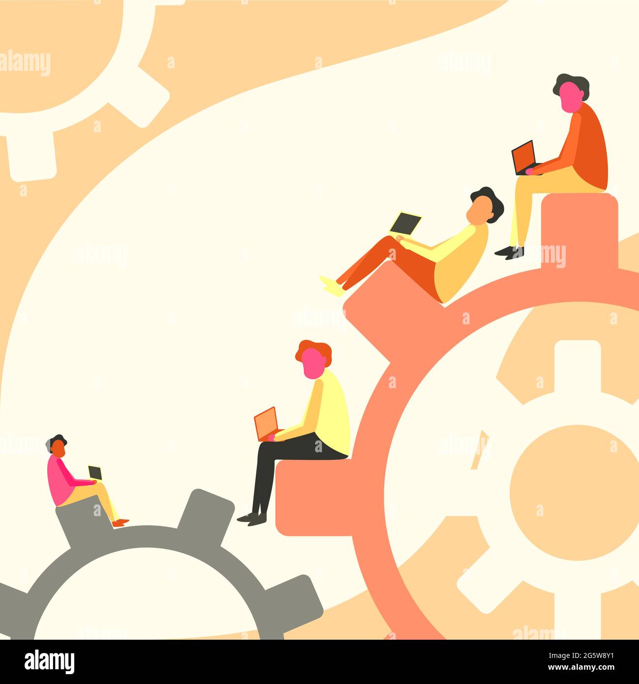 Four Teammates Drawing Sitting On Gears Using Laptop Showing Team ...