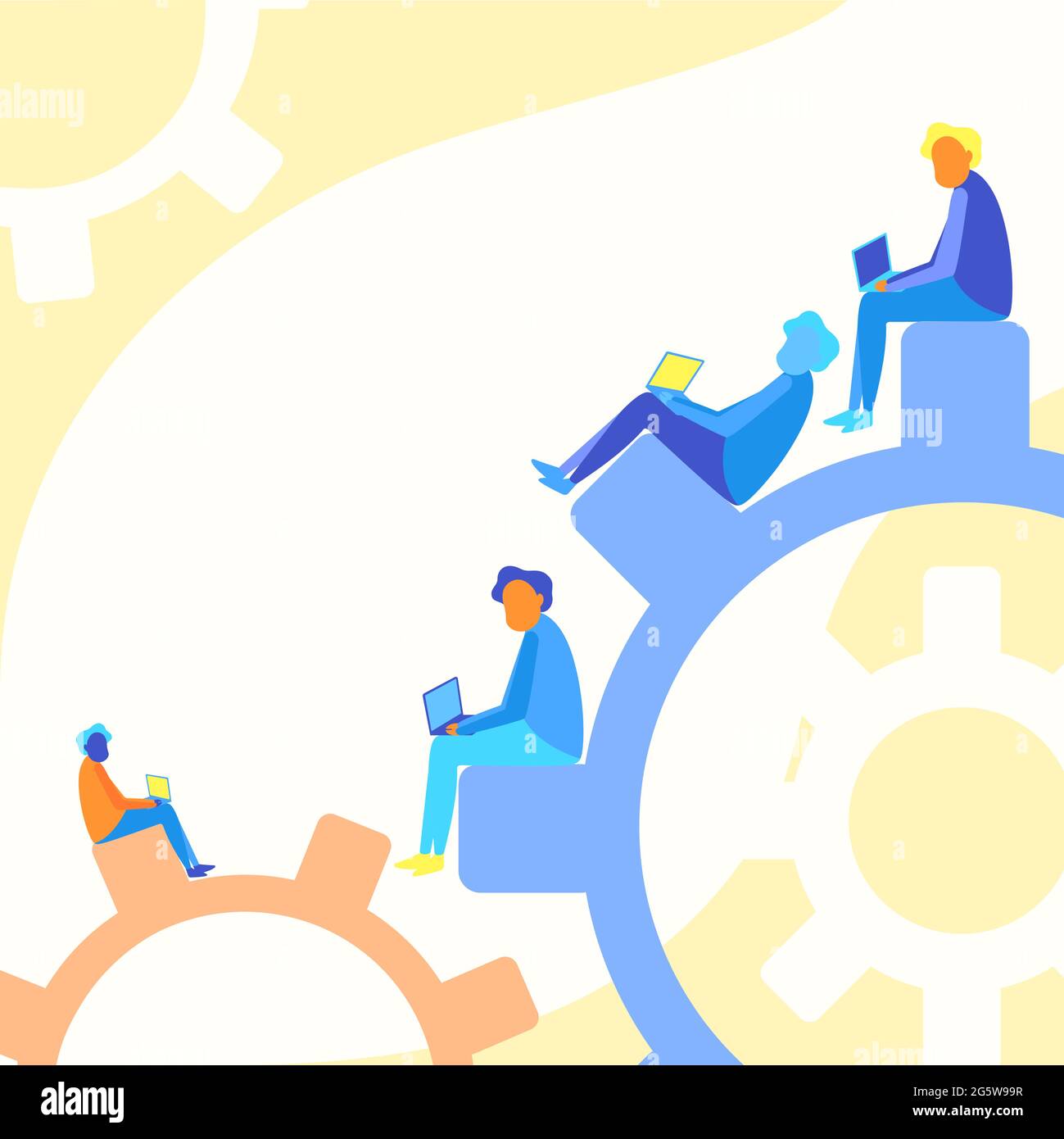 Four Teammates Drawing Sitting On Gears Using Laptop Showing Team ...