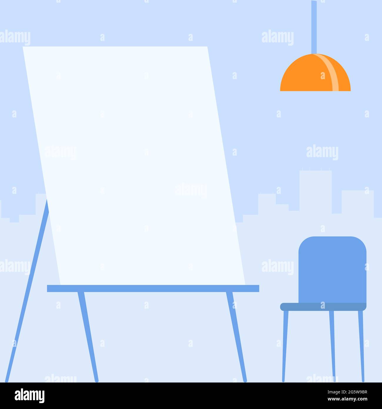 Blank Painting Canvas Drawing With Cityscape Background and empty chair ...