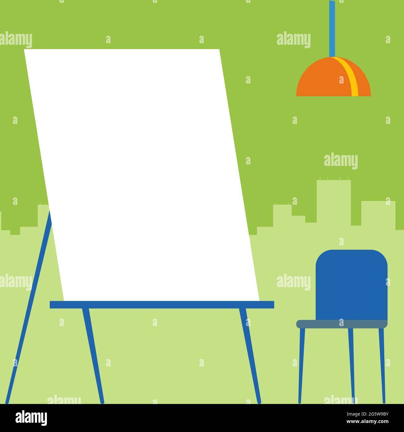Blank Painting Canvas Drawing With Cityscape Background and empty chair ...