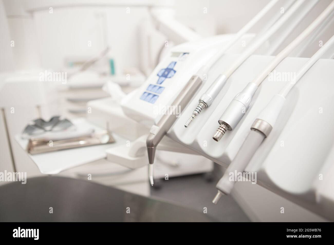 Close up of dental instruments on dental chair at the clinic, copy ...