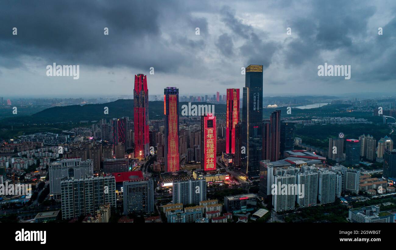 NANNING, CHINA - JUNE 28, 2021 - A light show is seen on a cluster of ...