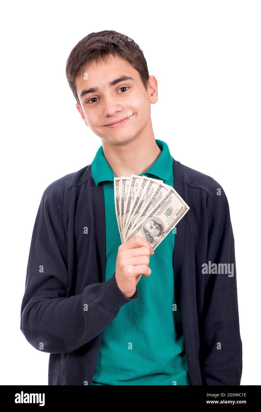 financial, planning, childhood and concept - smiling boy holding dollar ...