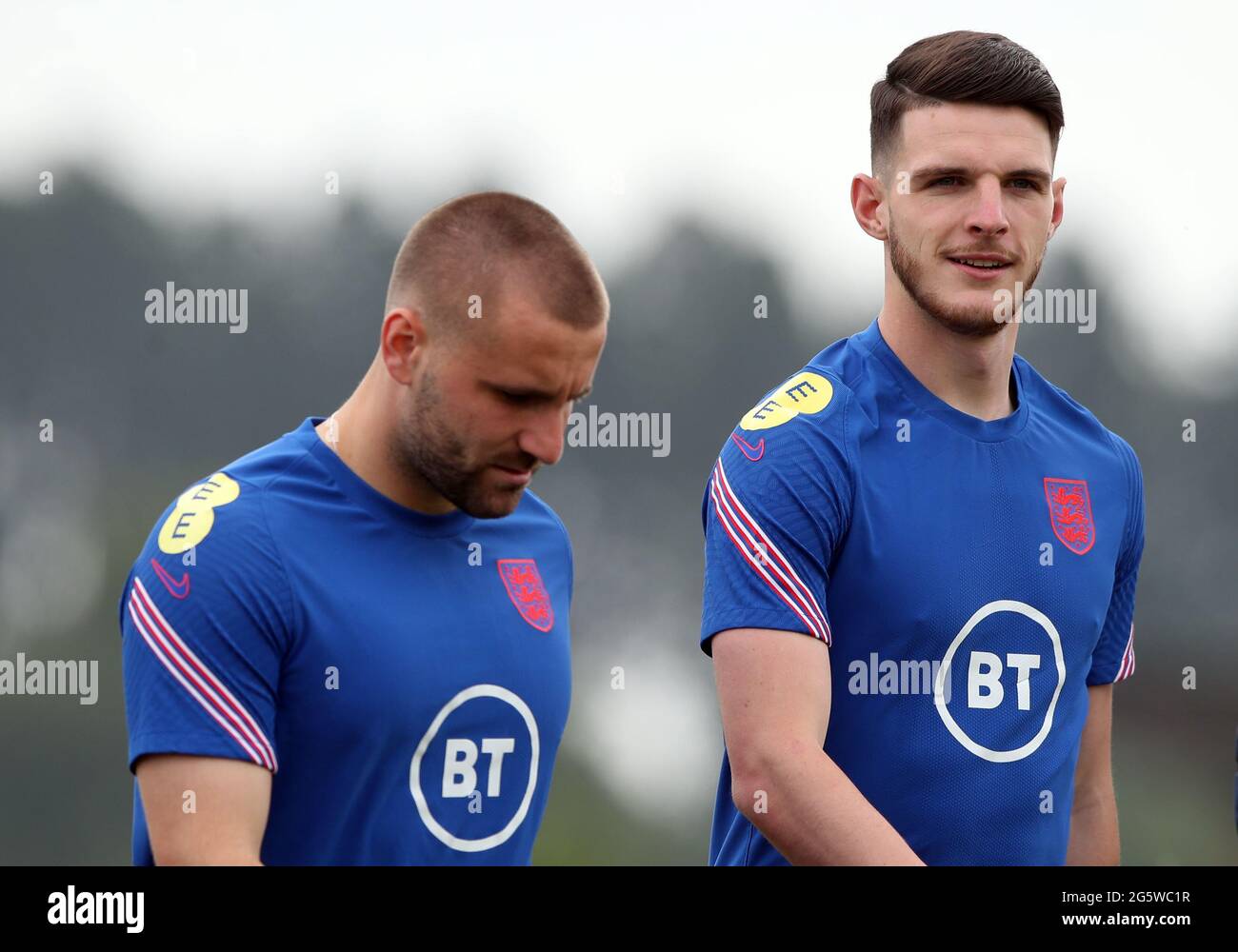 England's Luke Shaw (left) and Declan Rice during a training session at ...