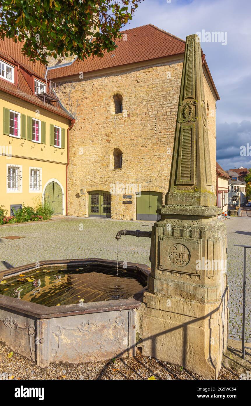 Fountain with obelisk in the courtyard in front of the town hall, the ...