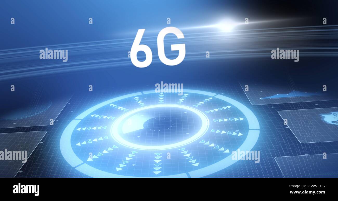 Image of 6g text, data processing and scope on screens over grid on dark blue background Stock ...