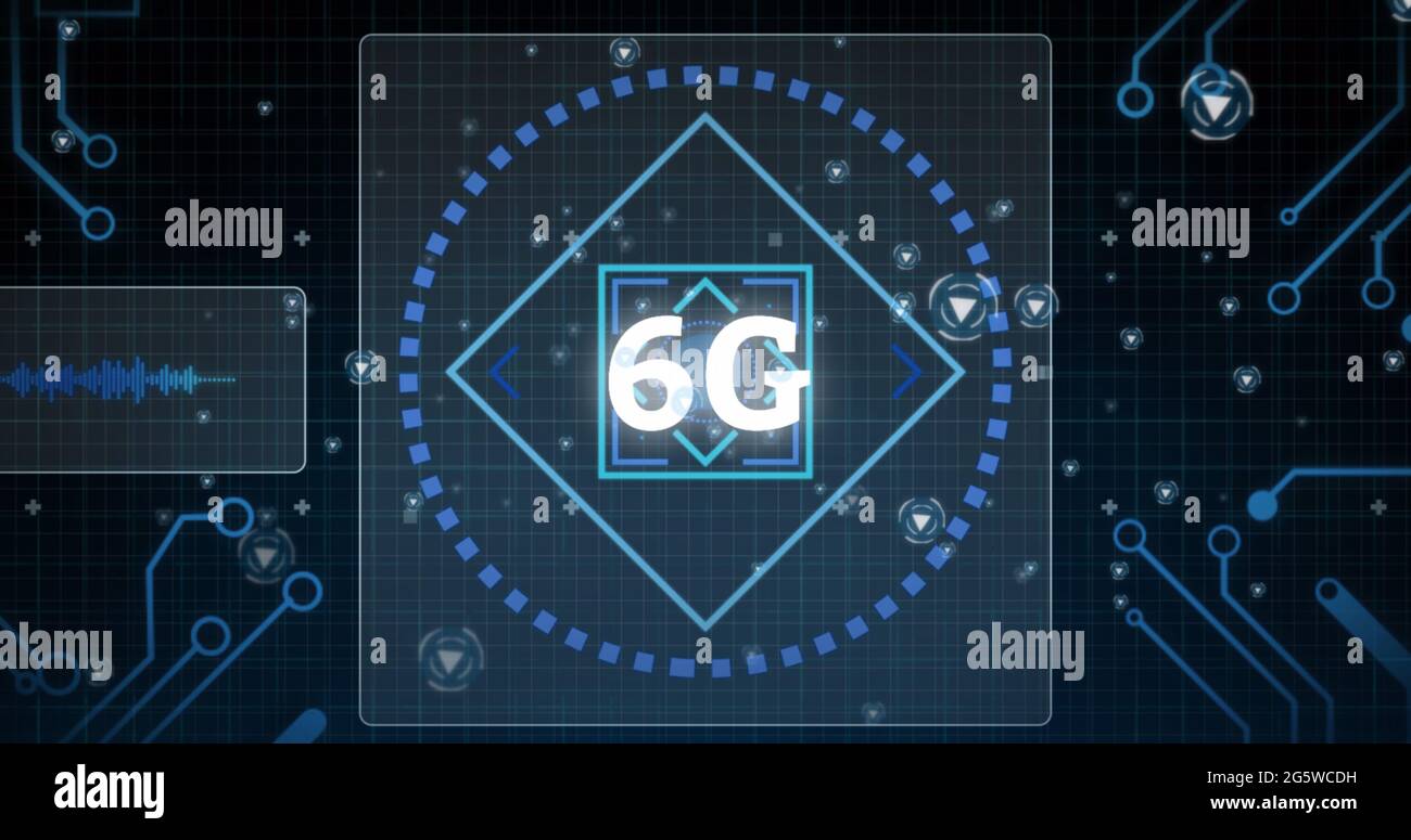 Image of 6g text with scope scanning and data processing on screens over grid Stock Photo - Alamy
