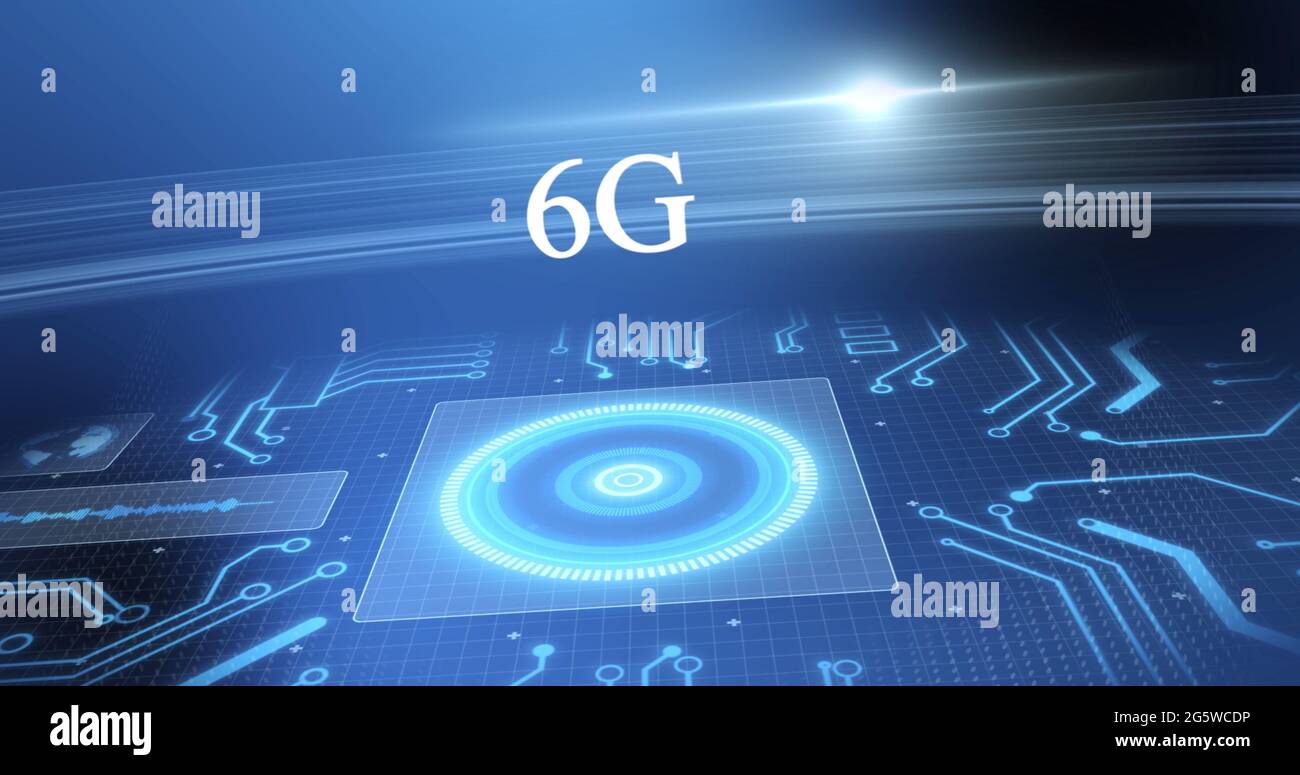 Image of 6g text with scope scanning and data processing on screens over grid Stock Photo - Alamy