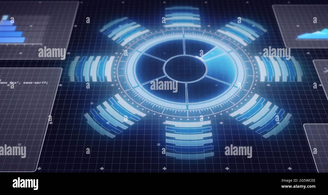 Image of scope scanning and data processing on screens over grid on blue background Stock Photo ...