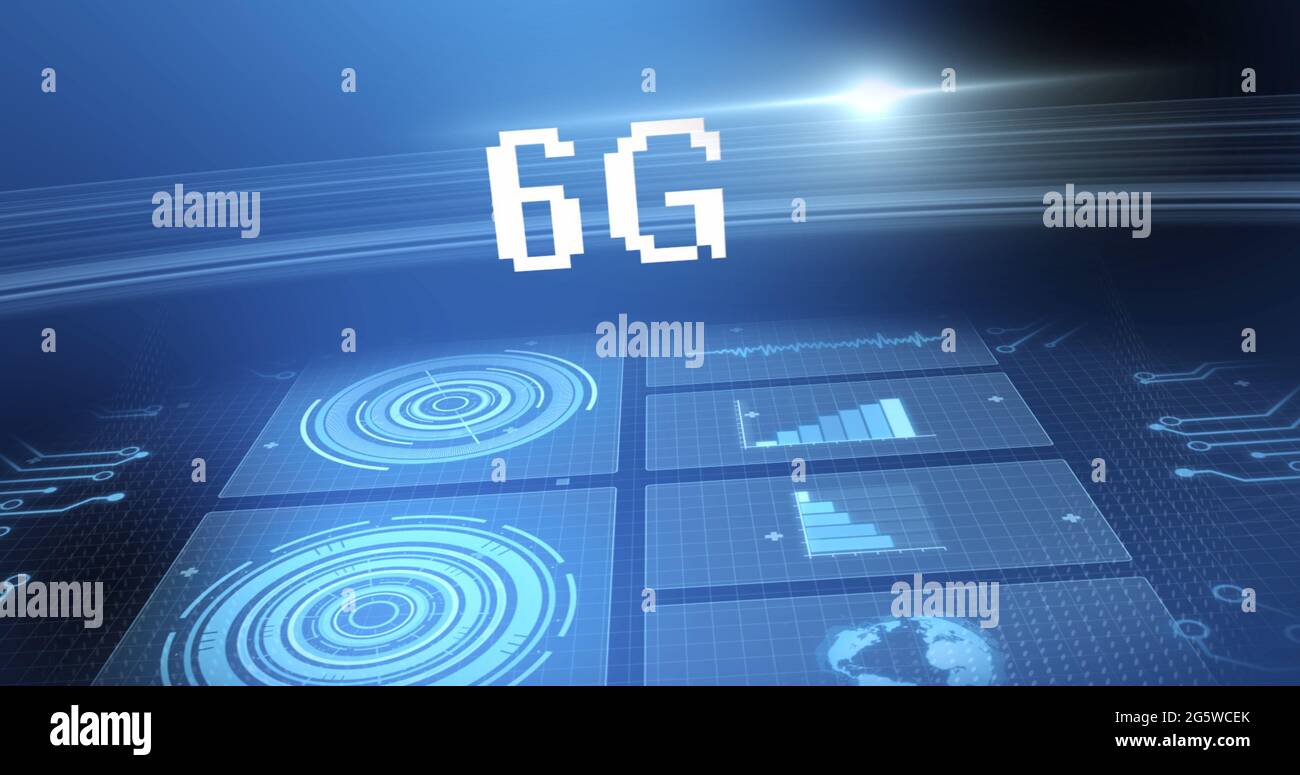 Image of 6g text with scope scanning and data processing on screens over grid on blue background ...