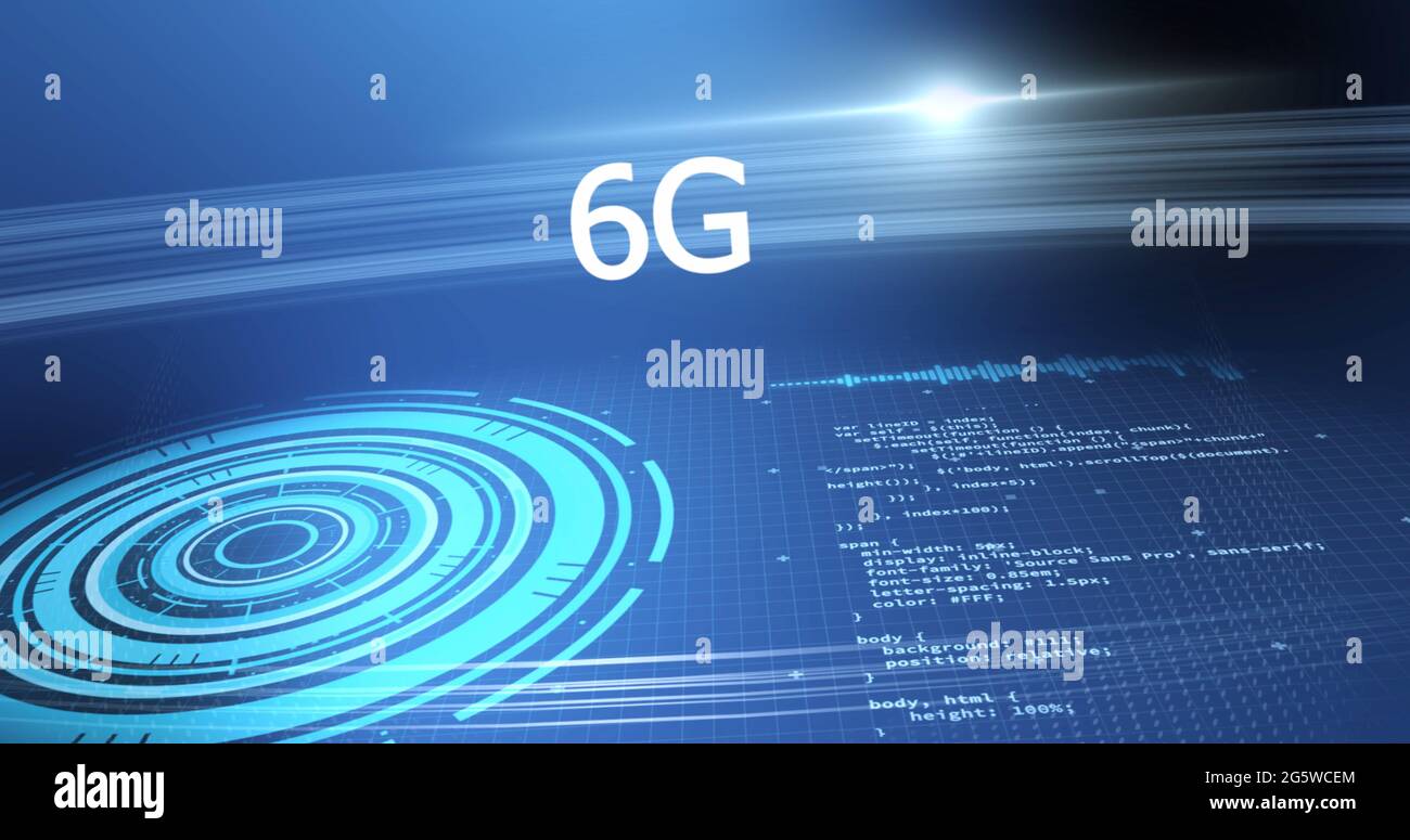 Image of 6g text with scope scanning and data processing over grid on blue background Stock ...