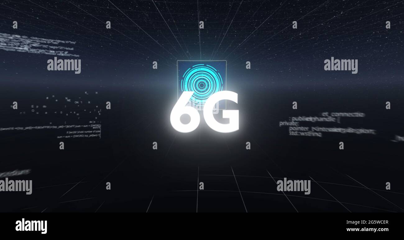 Image of 6g text, data processing and scope on screens over dark blue ...