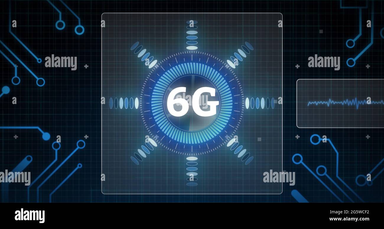 Image of 6g text with scope scanning and data processing on screens over grid Stock Photo - Alamy