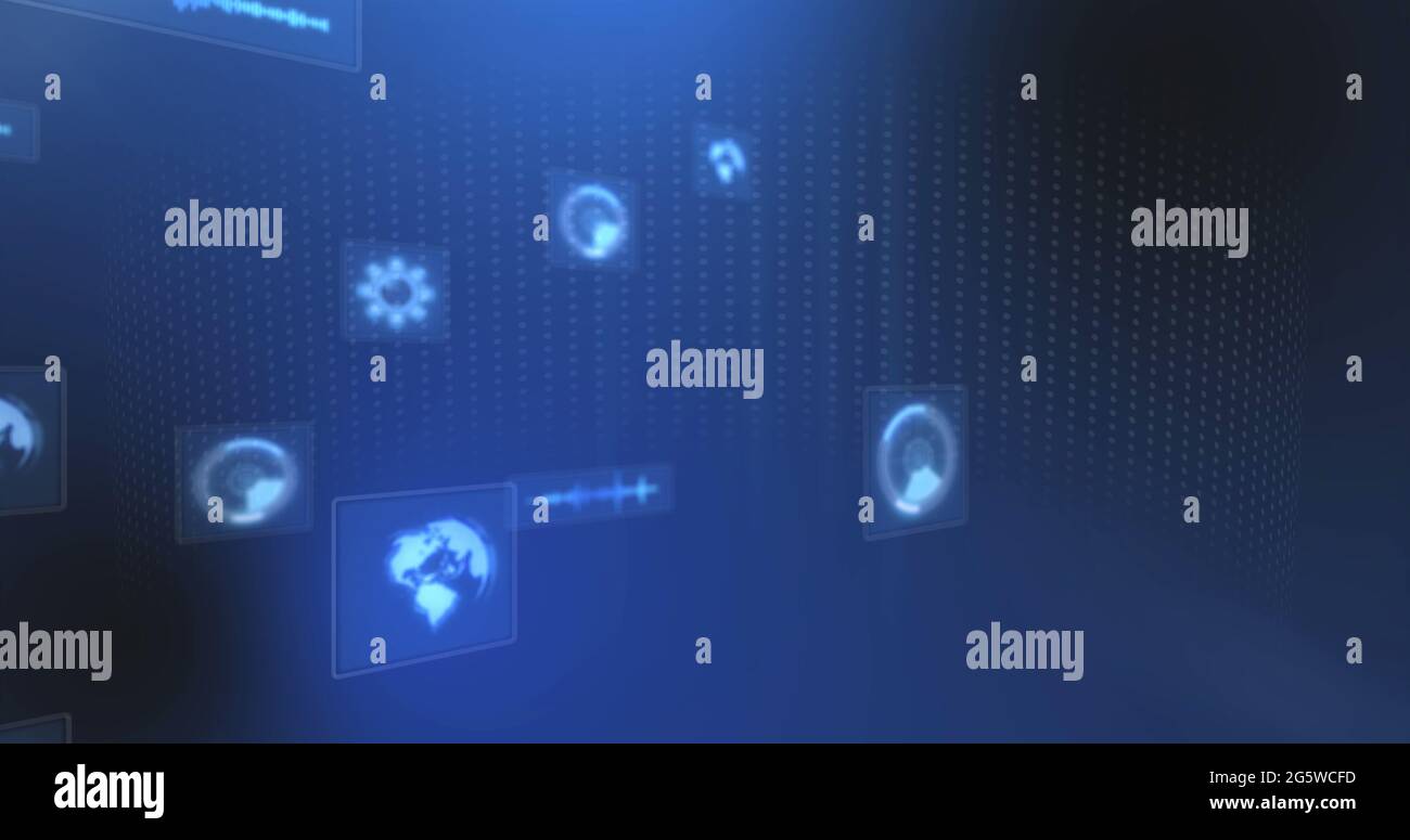 Image of scopes scanning and data processing on screens over rows of dots Stock Photo - Alamy