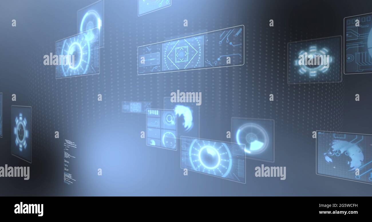 Image of data processing and scope scanning on screens over rows of ...