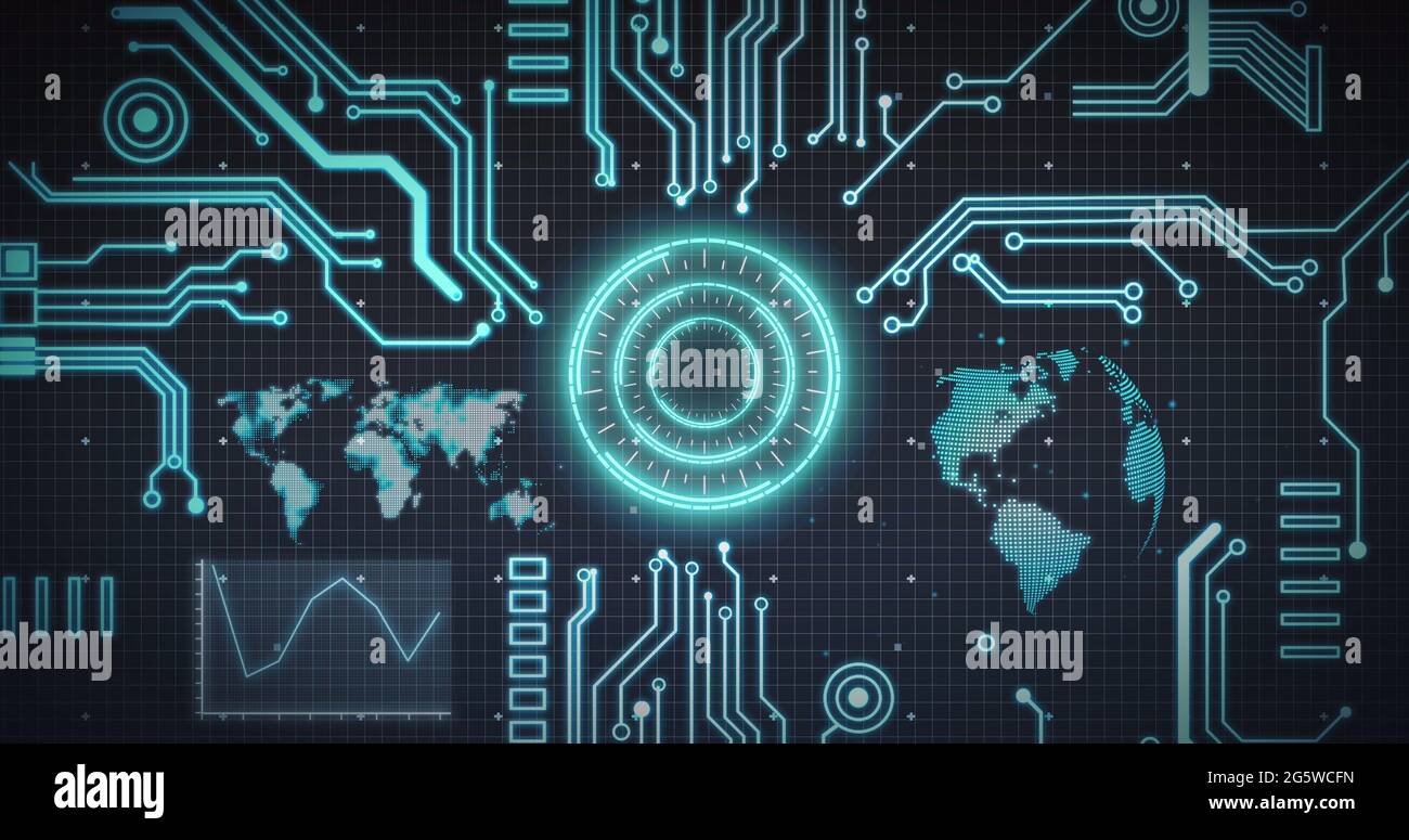 Image of scope scanning, processor elements, world map and data processing over grid Stock Photo ...