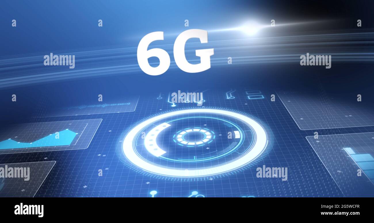 Image of 6g text, data processing and scope on screens with grid over dark blue background Stock ...