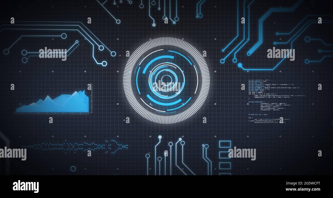 Image of scope scanning, processor elements and data processing over grid on blue background ...