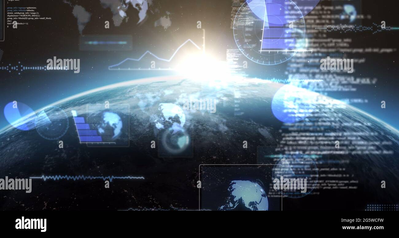 Image of scopes scanning and data processing on screens over globe with glowing horizon Stock ...