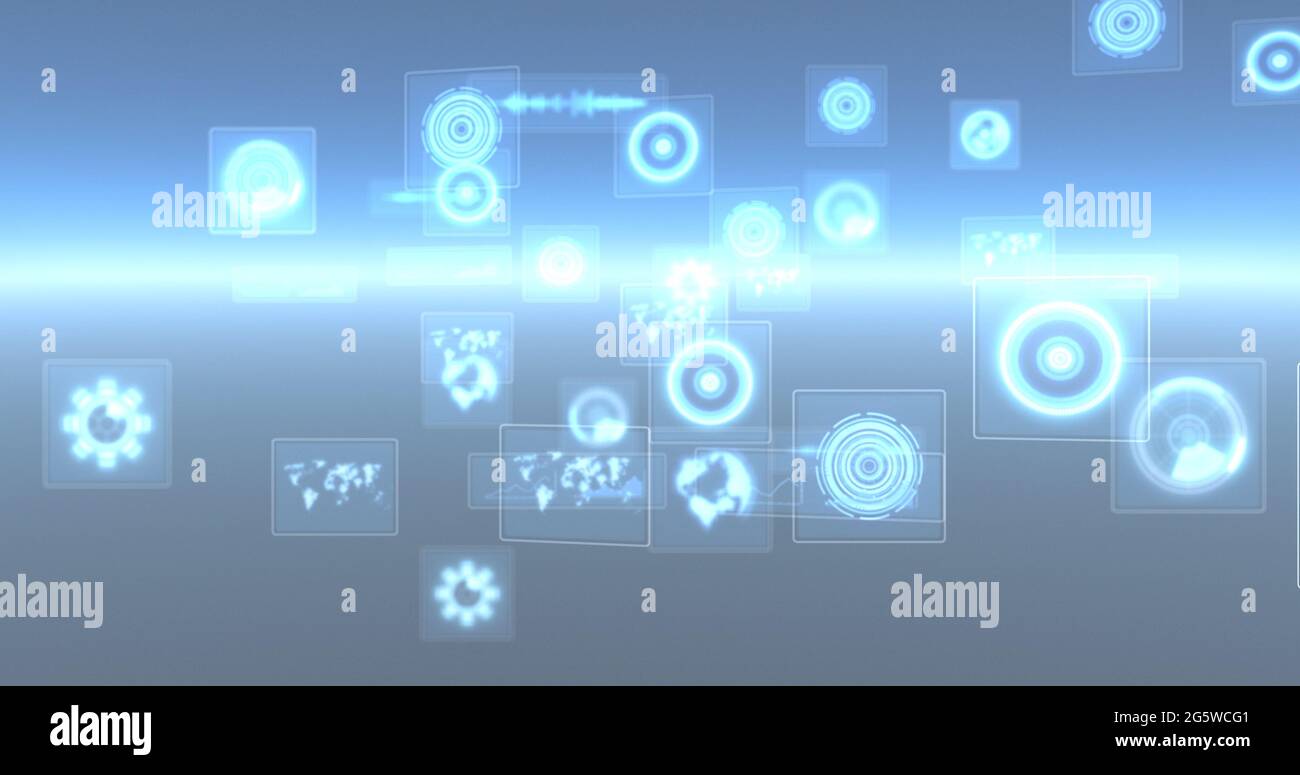 Image of scopes scanning, world map, data processing on screens over globe with glowing horizon ...
