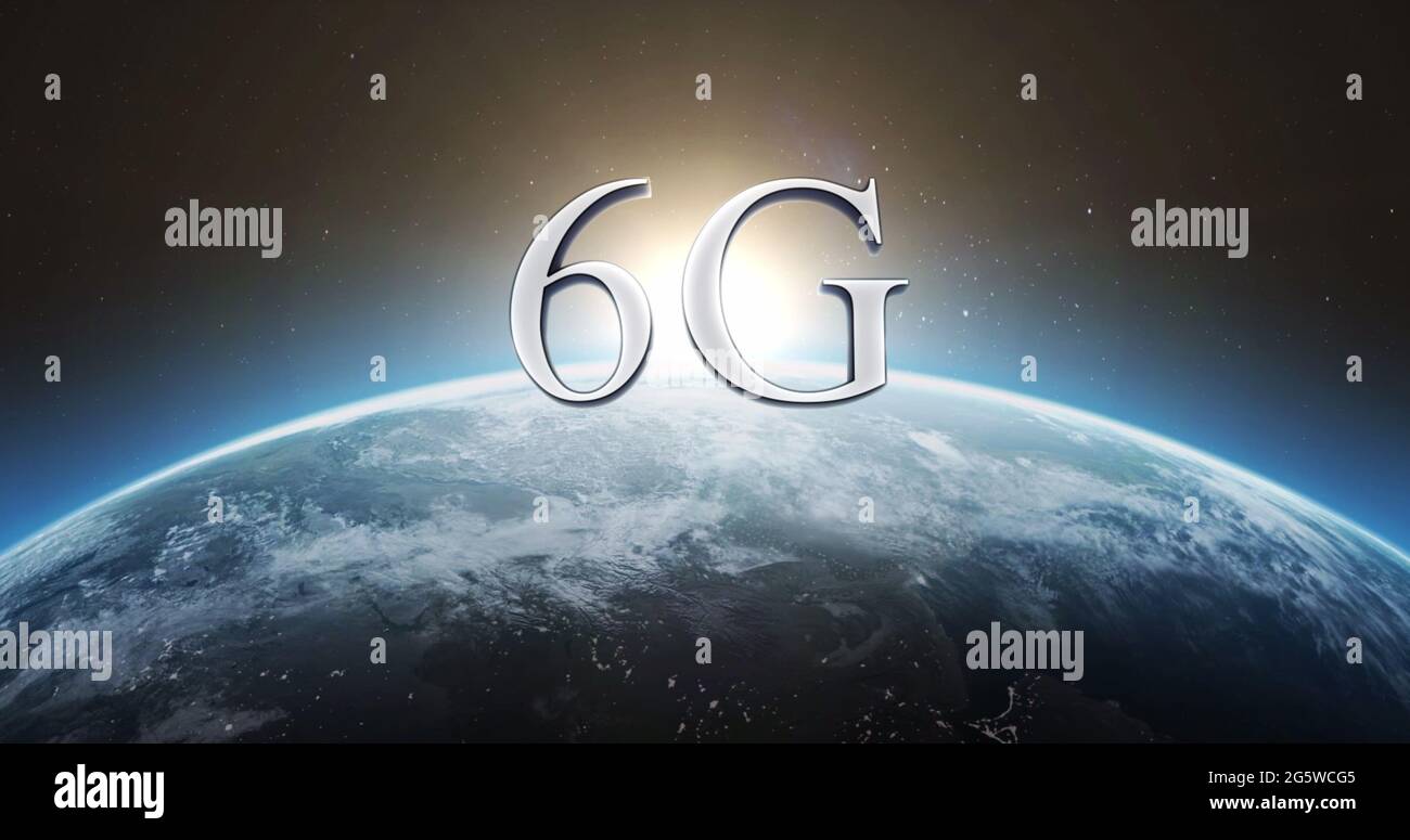 Image of 6g text over spinning globe and sun rising seen from space ...