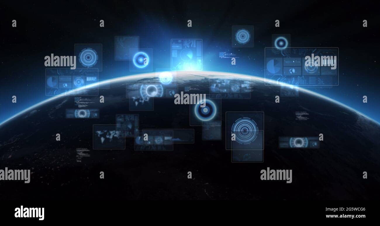 Image of scopes scanning and data processing on screens over globe with glowing horizon Stock ...