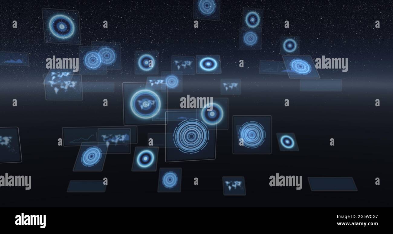Image of scopes scanning, world map, data processing on screens over ...