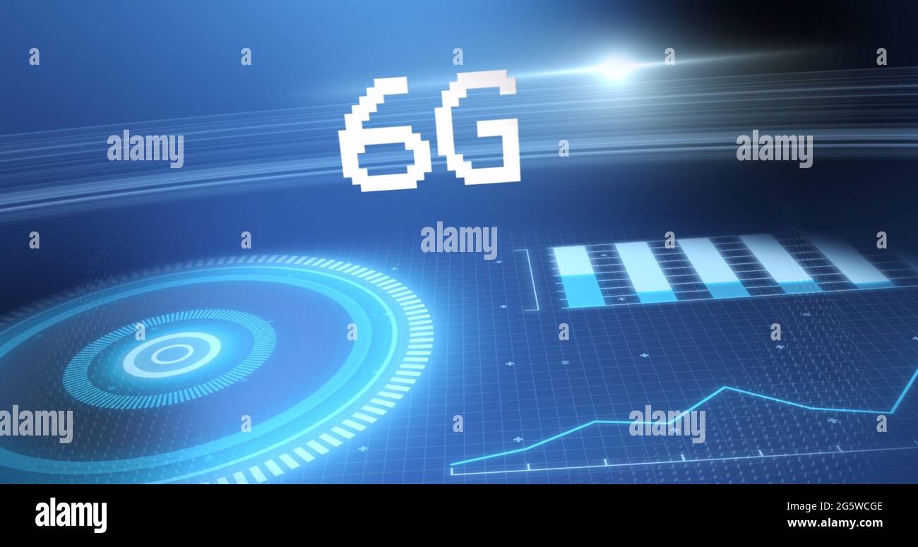 Image of 6g text with scope scanning and data processing over grid on blue background Stock ...