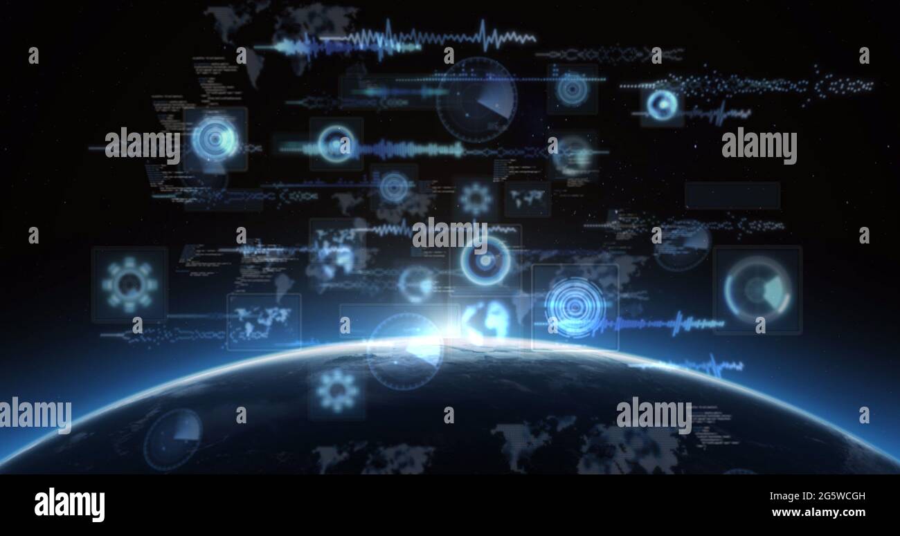 Image of scopes scanning, world map, data processing on screens over globe with glowing horizon ...