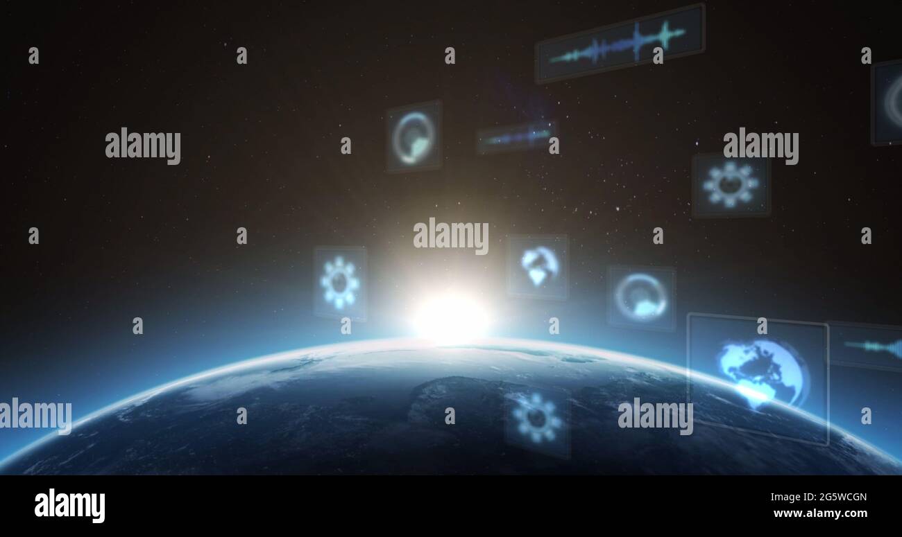 Image of scopes scanning, globe, data processing on screens over globe with glowing horizon ...