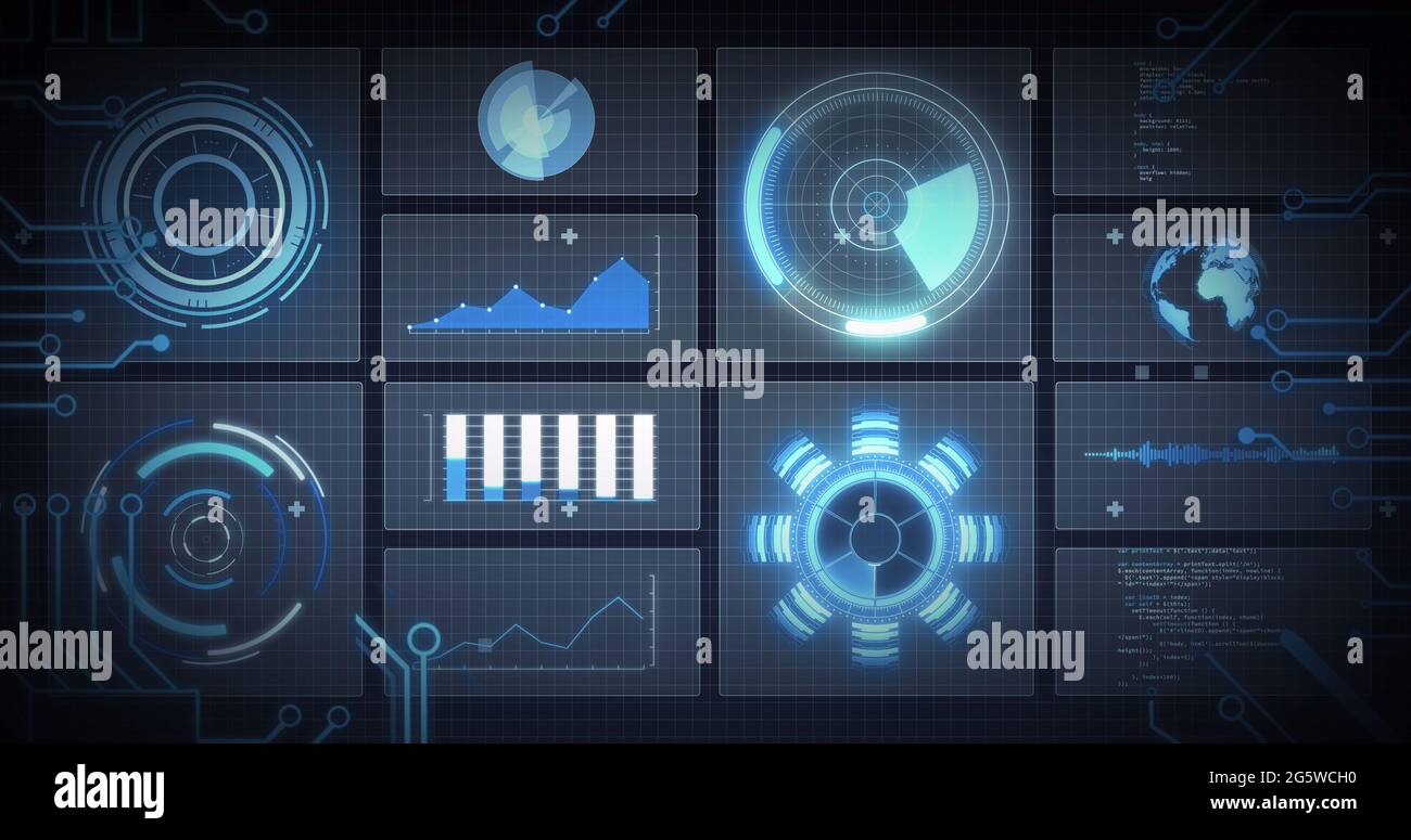 Image of scope scanning, processor elements and data processing on screens over grid Stock Photo ...
