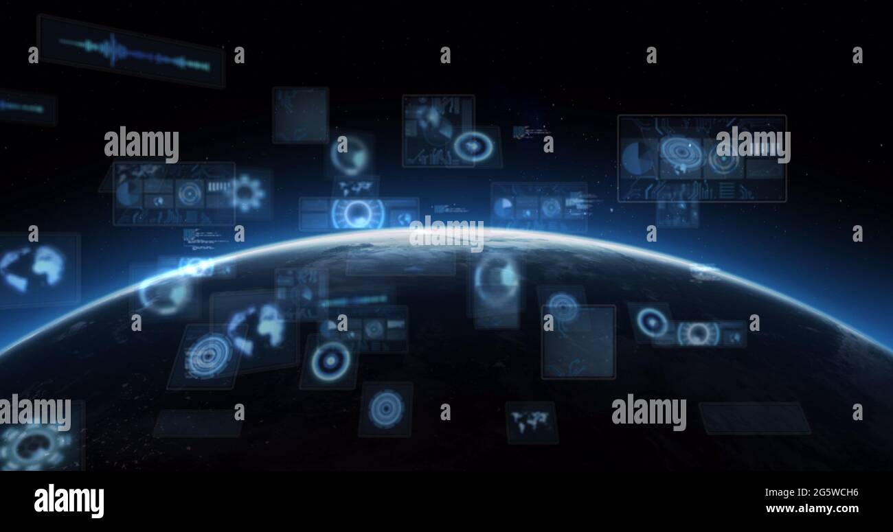 Image of scopes scanning and data processing on screens over globe with glowing horizon Stock ...