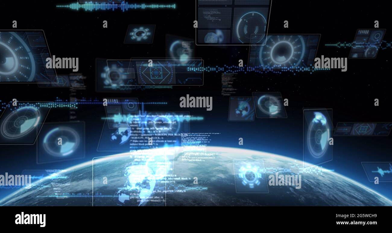 Image of scopes scanning, world map, data processing on screens over globe with glowing horizon ...
