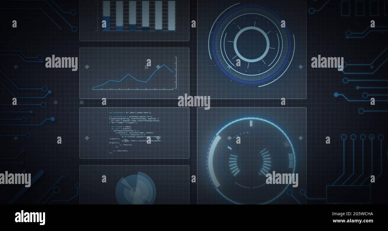 Image of scope scanning, processor elements and data processing on screens over grid Stock Photo ...