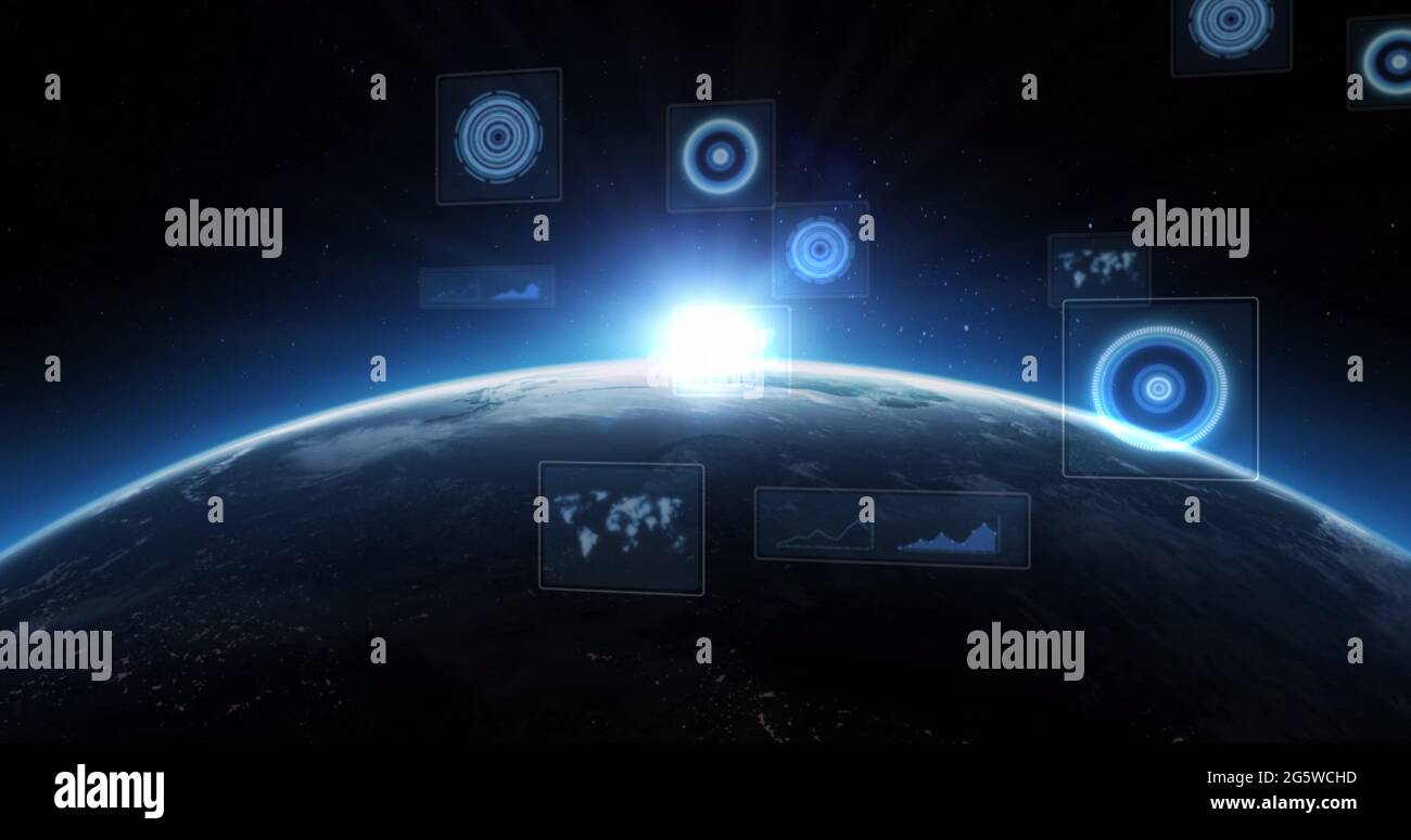 Image of scopes scanning, world map, data processing on screens over ...