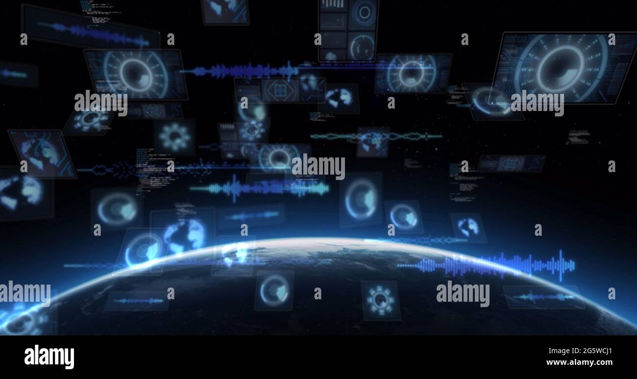 Image of scopes scanning, world map, data processing on screens over globe with glowing horizon ...