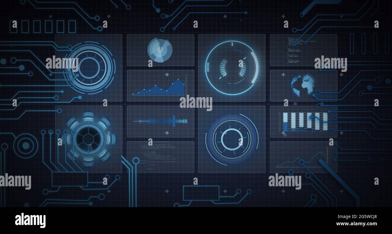 Image of scope scanning, processor elements and data processing on screens over grid Stock Photo ...