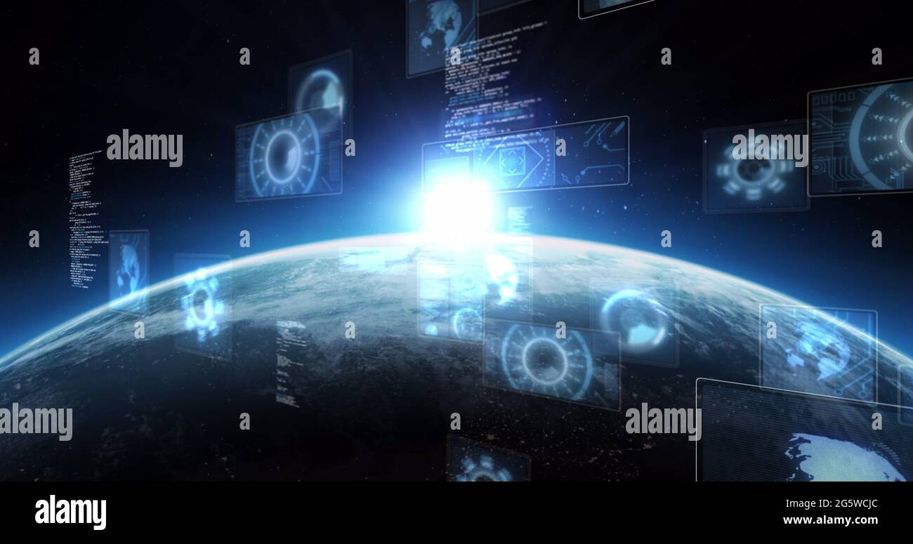 Image of scopes scanning and data processing on screens over globe with ...