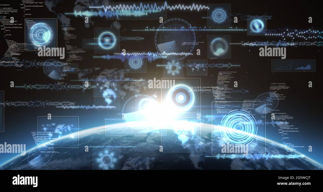 Image of scopes scanning, world map, data processing on screens over ...