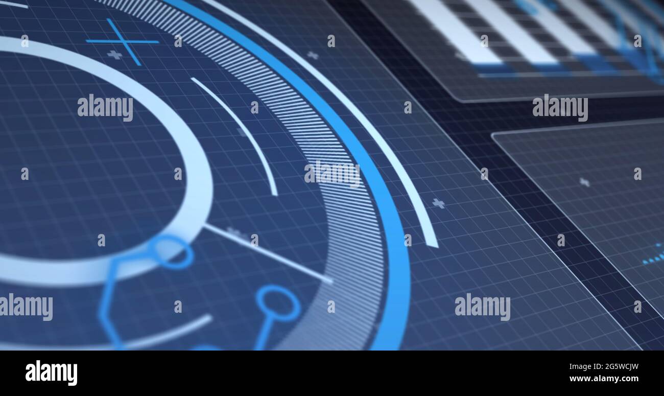 Image of scope scanning and processor elements on screens over grid Stock Photo - Alamy