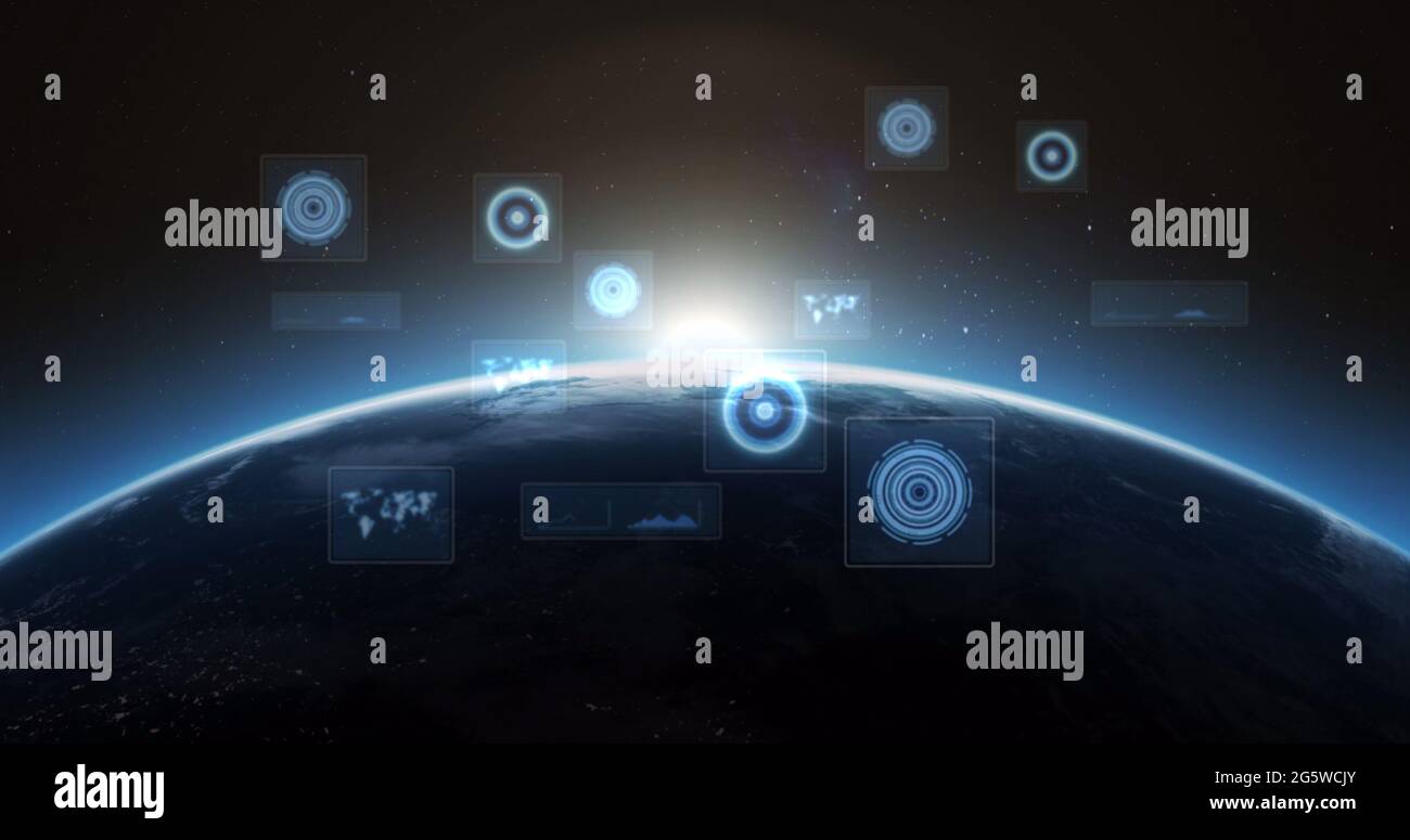 Image of scopes scanning, world map, data processing on screens over globe with glowing horizon ...