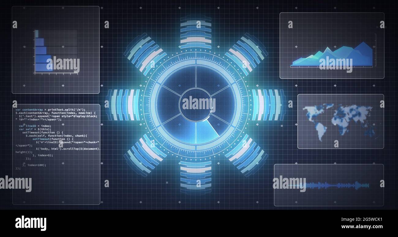 Image of scope scanning, world map and data processing on screens over ...