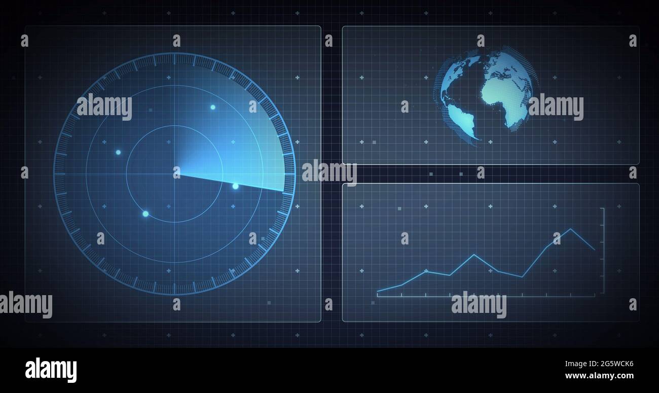 Image of scope scanning, globe and data processing on screens over grid Stock Photo - Alamy