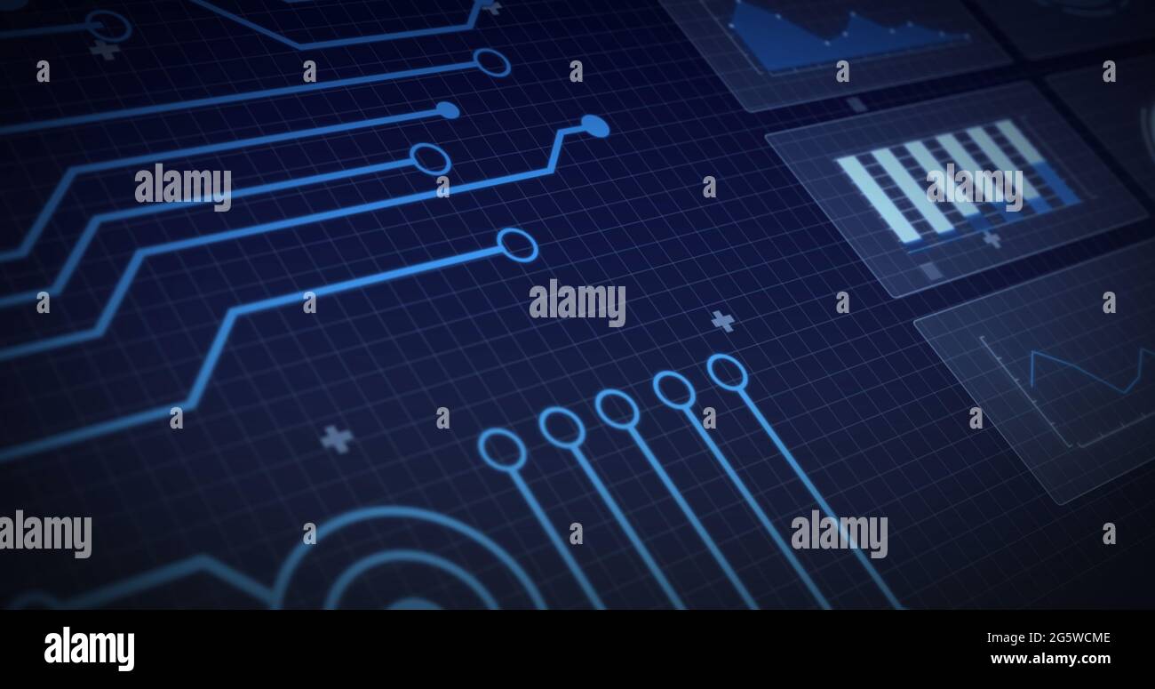 Image of processor elements and data processing on screen over grid ...