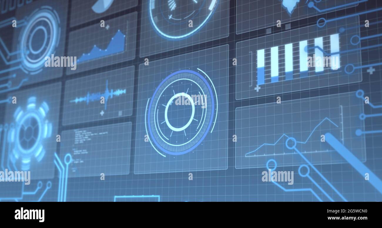 Image of statistics recording and scopes scanning on screens over grid ...