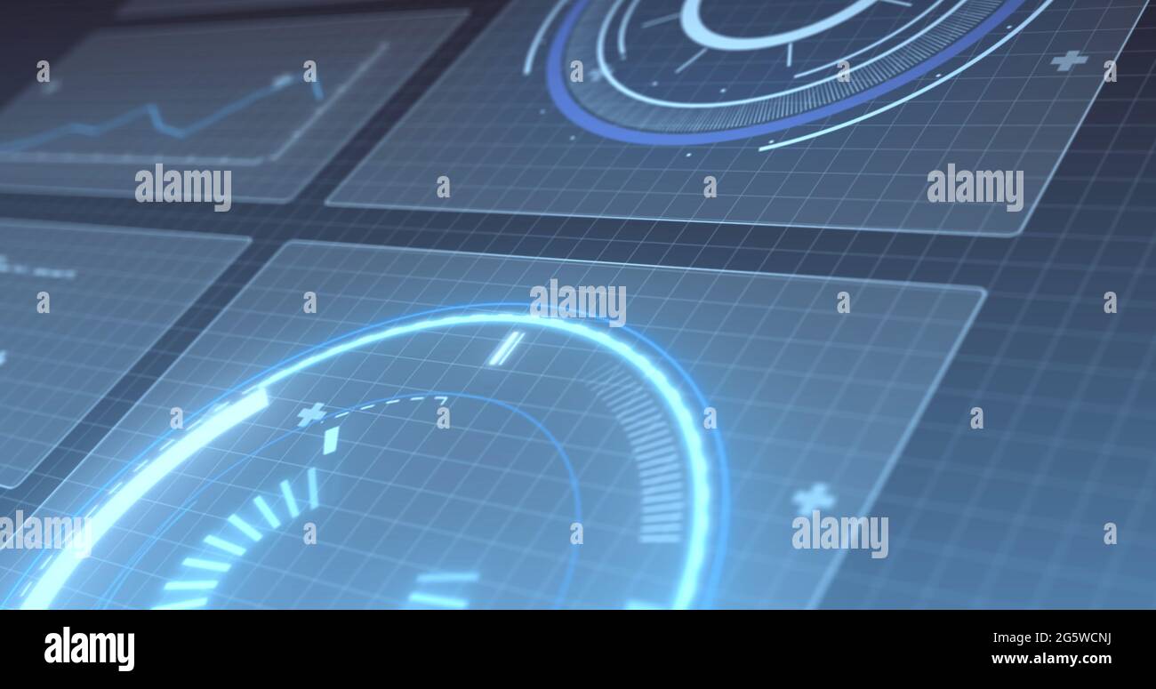 Image of statistics recording and scopes scanning on screens over grid ...
