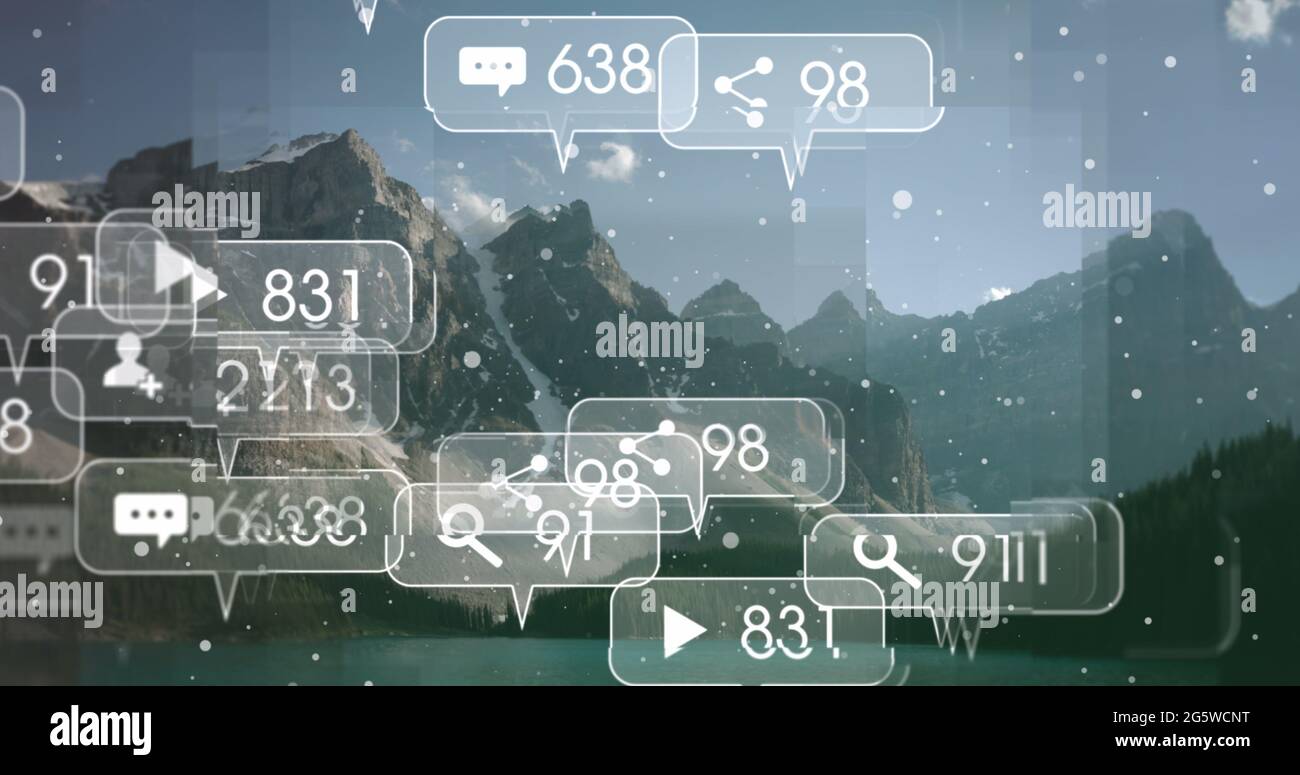 Multiple speech bubbles with social media icons and increasing numbers ...