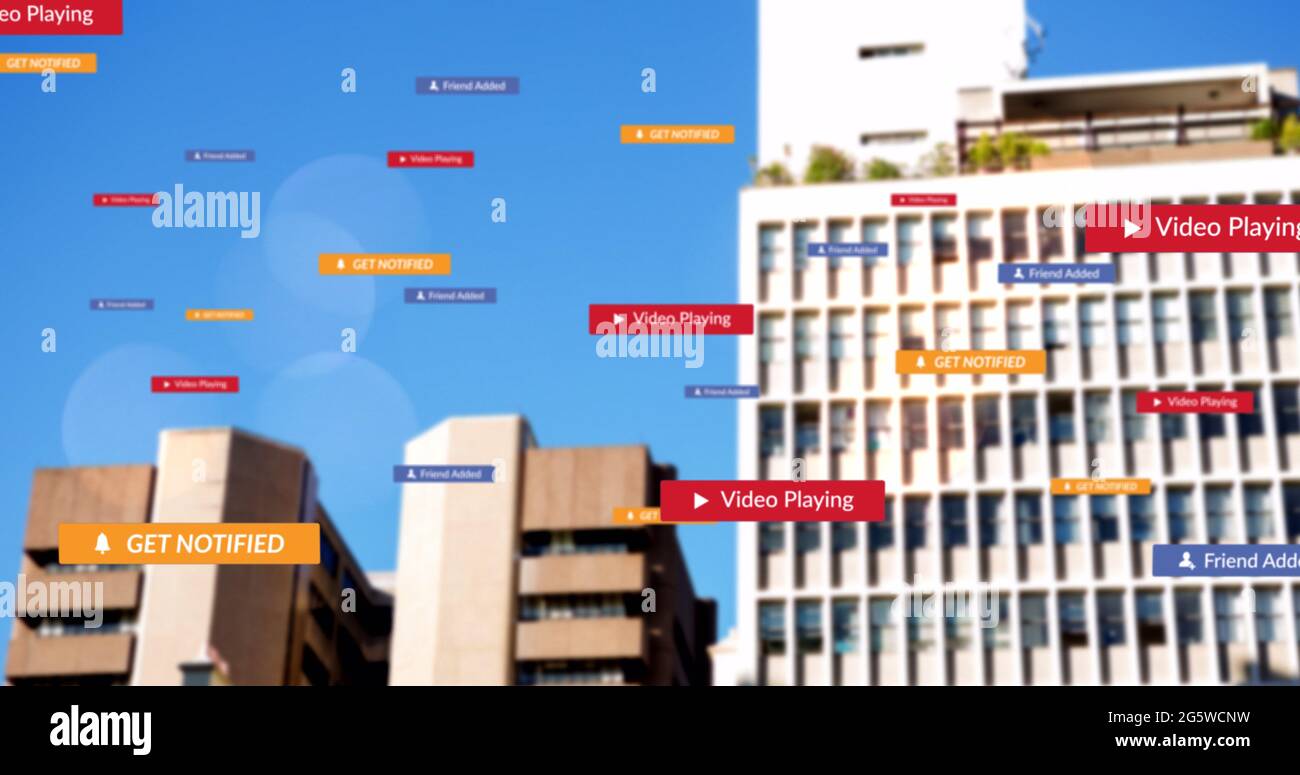 Image of cursor moving over social media icons and text on multi ...